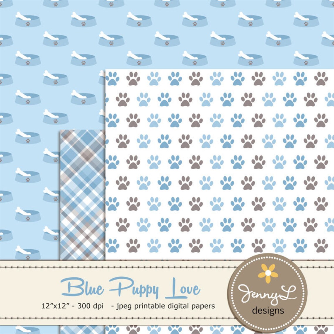 Boy Dog Digital Papers, Blue and Gray Puppy Dog, Dog Clipart, Pet ...