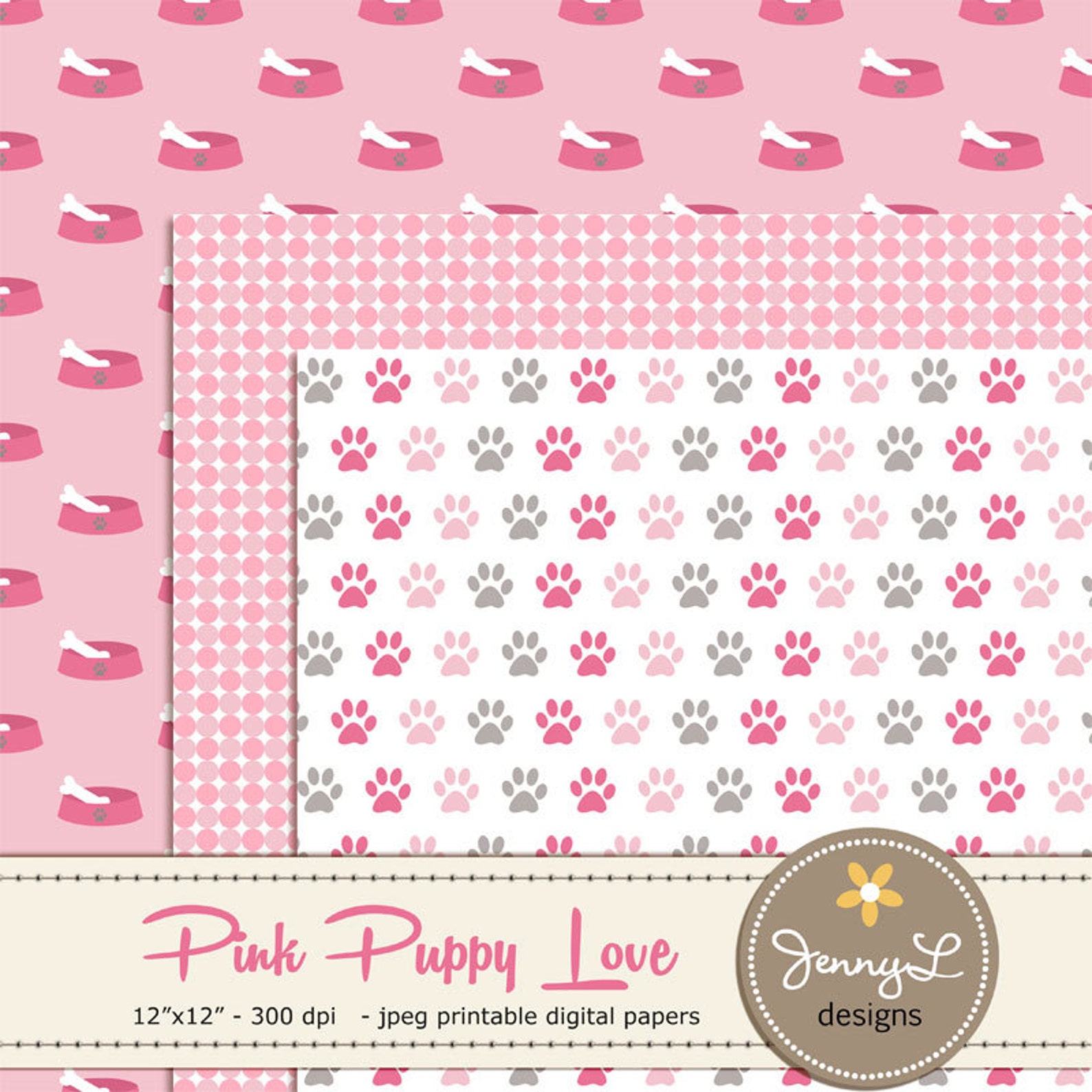 Pink and Gray Puppy Dog, Girl Dog Digital Papers, Pet Digital Paper ...