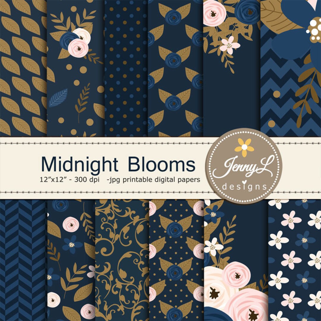 Navy Blue Floral Digital Paper, Blush Wedding Flower Paper Digital ...