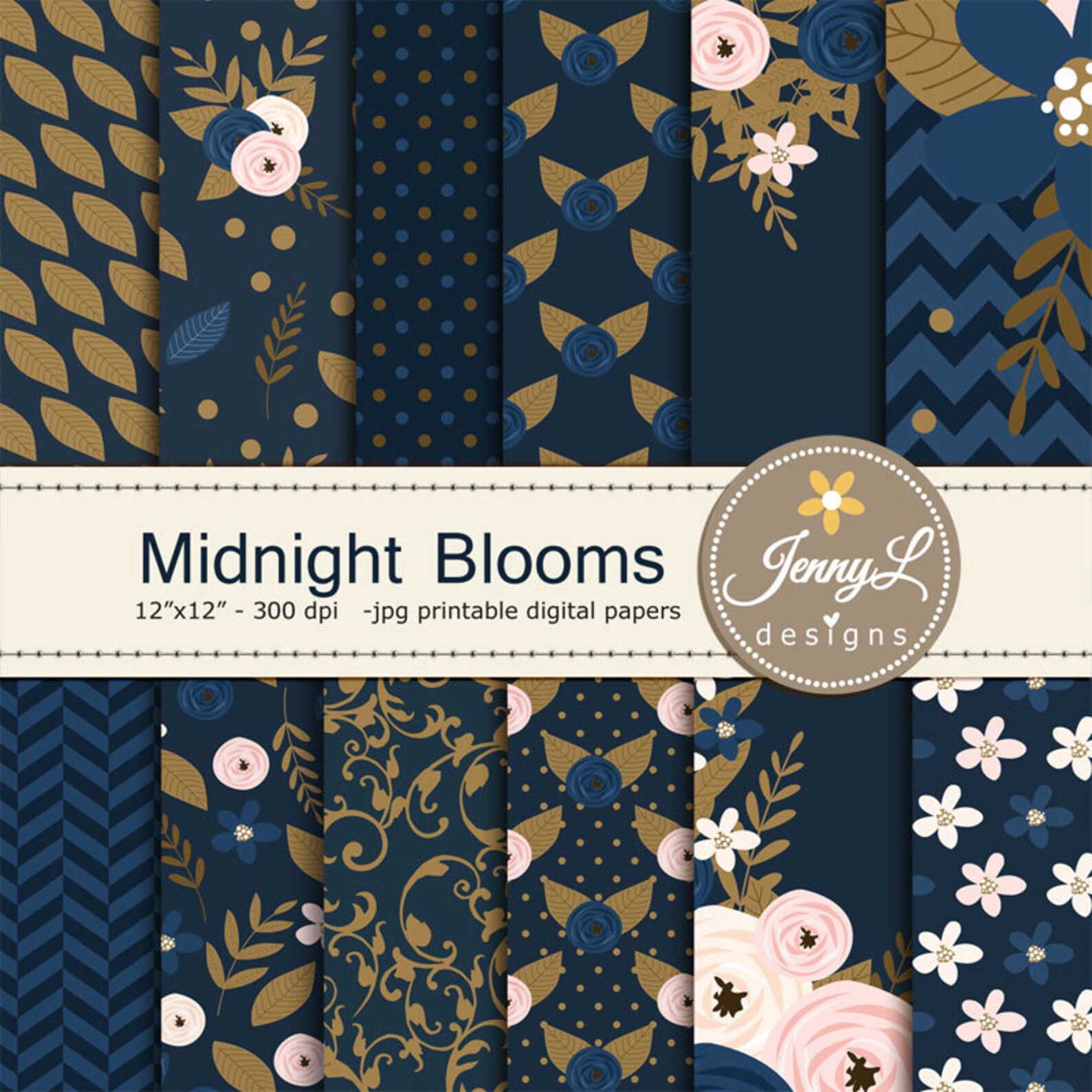 Navy Blue Floral Digital Paper Blush Wedding Flower Paper - Etsy