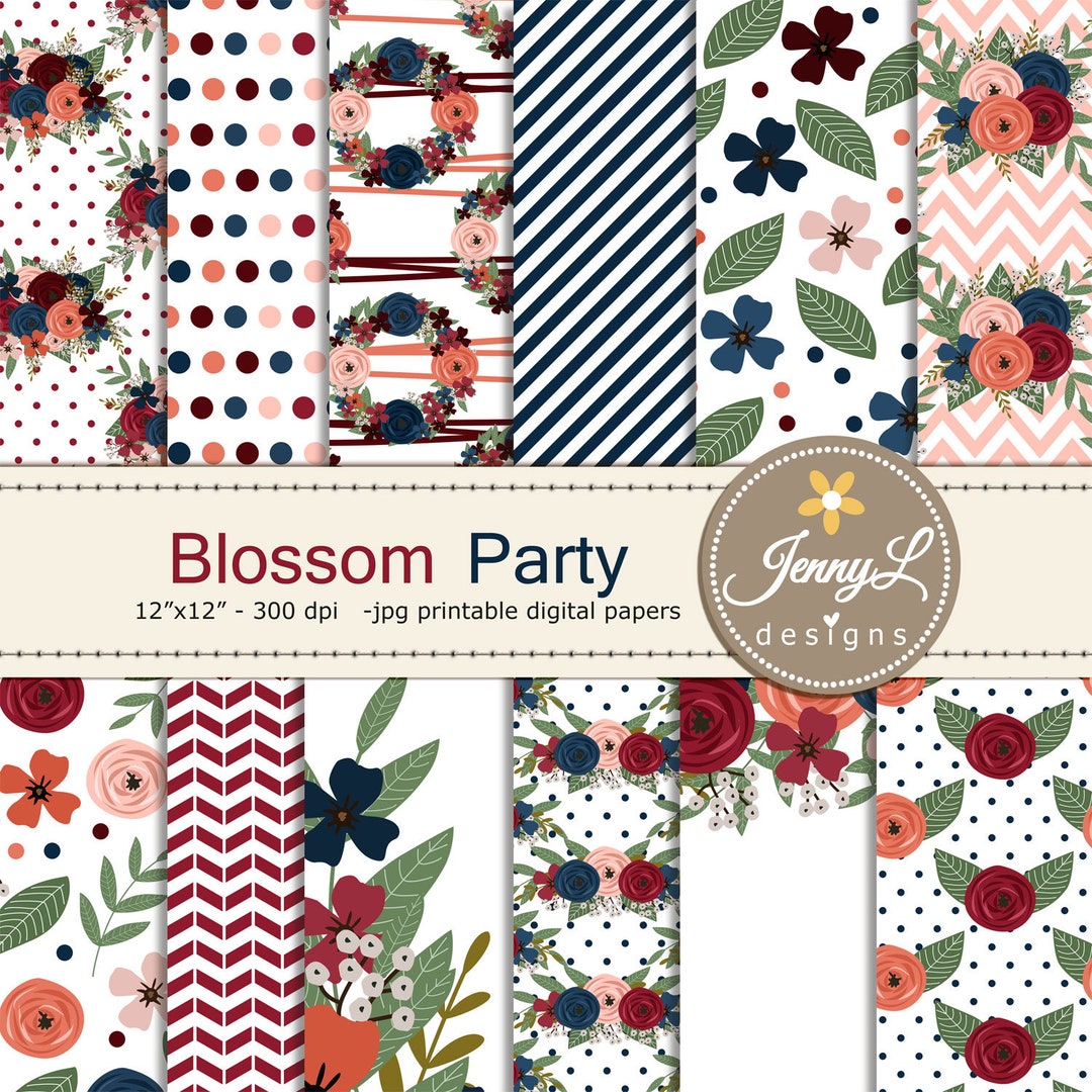 Navy Blue Burgundy Floral Digital Paper, Wedding Fall Flower Paper ...