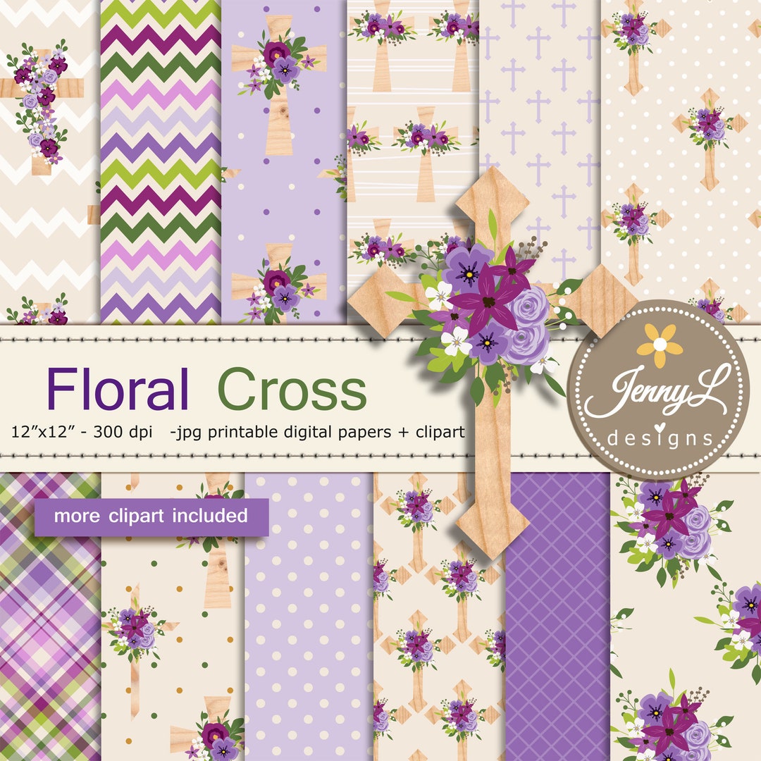 Floral Cross Digital Papers and Wooden Cross Clipart SET for Digital ...