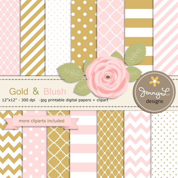 Gold and Blush Pink Digital Paper, Blush Rose Flower Clipart for ...