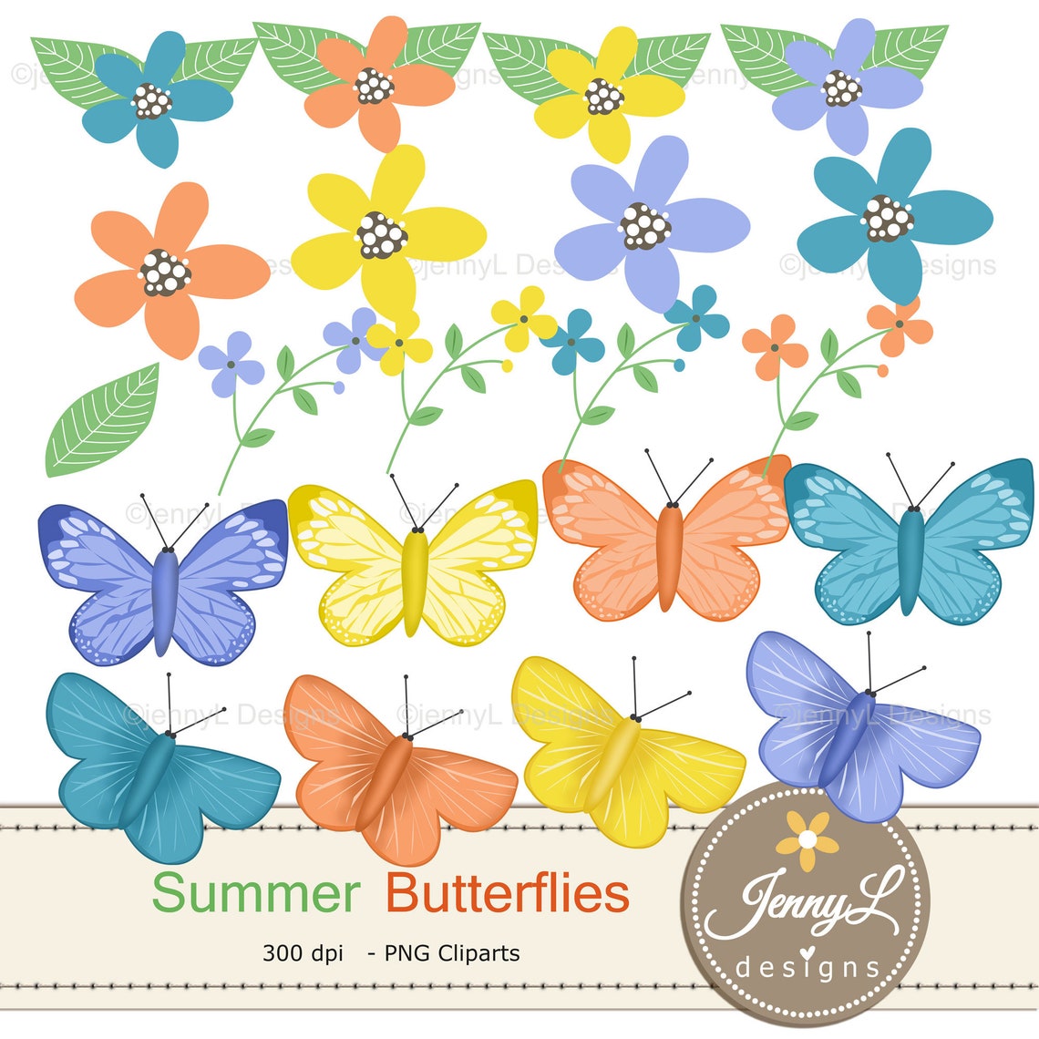 Summer Butterflies Digital Papers and Flowers Floral Clipart | Etsy