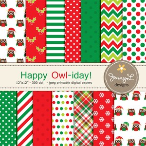 Owl Christmas Digital Paper, Stitched Owl Digital Scrapbooking Paper ...