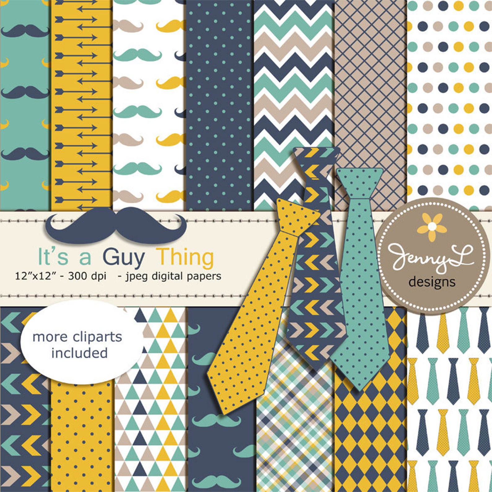 Mustache and Necktie Digital Papers and Clipart Father's - Etsy