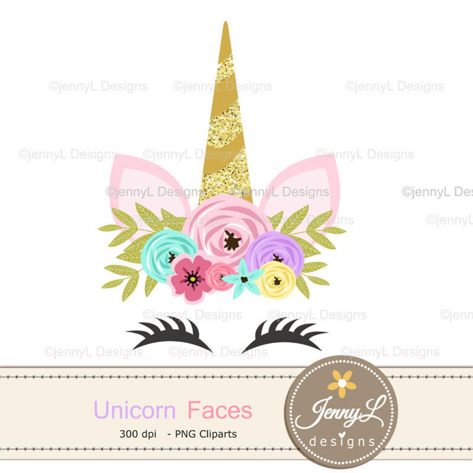 Unicorn Faces Clipart, Pastel Unicorn, Flower Unicorn, Glitter Gold ...