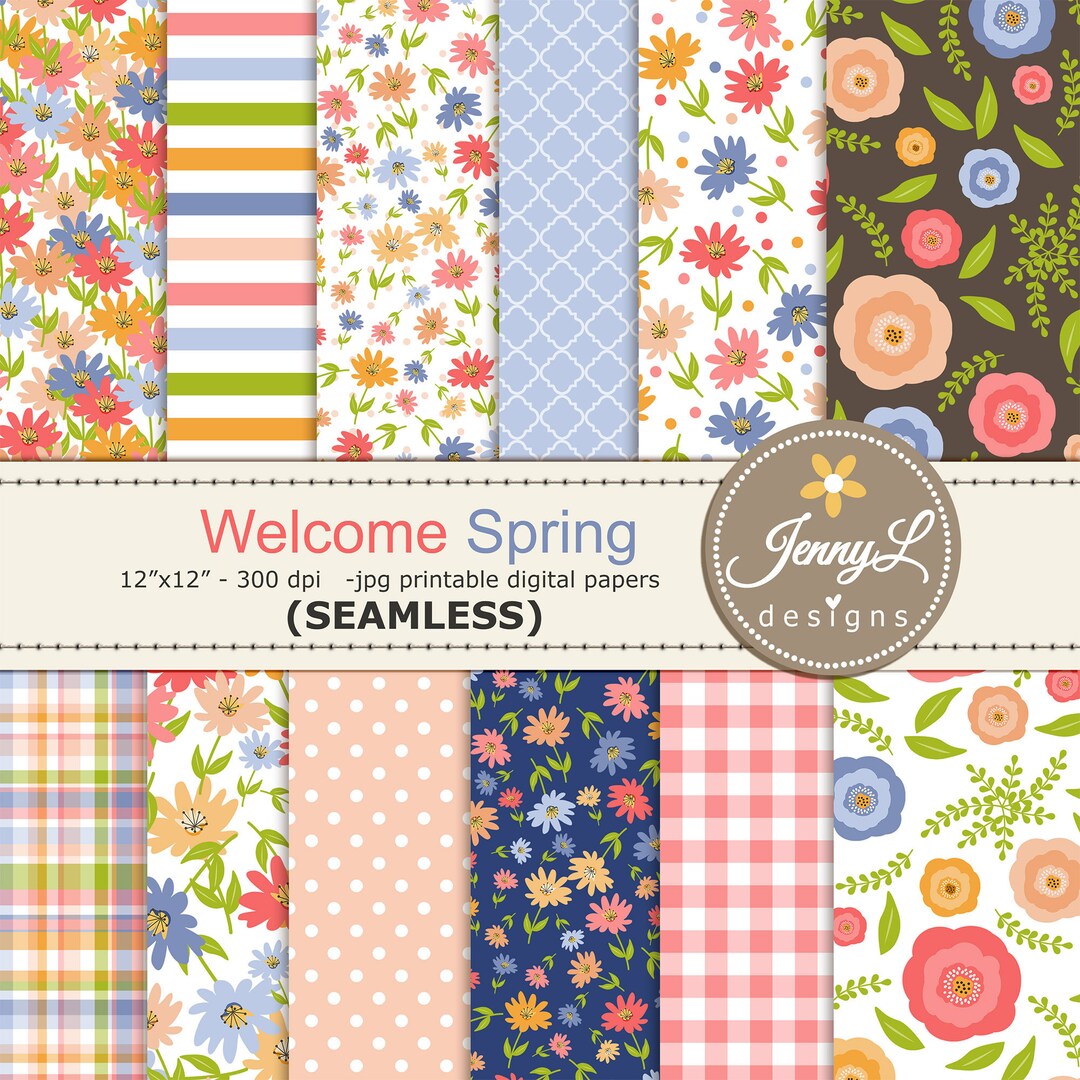 Welcome Spring SEAMLESS Printable Digital Papers, Repeat Pattern ...