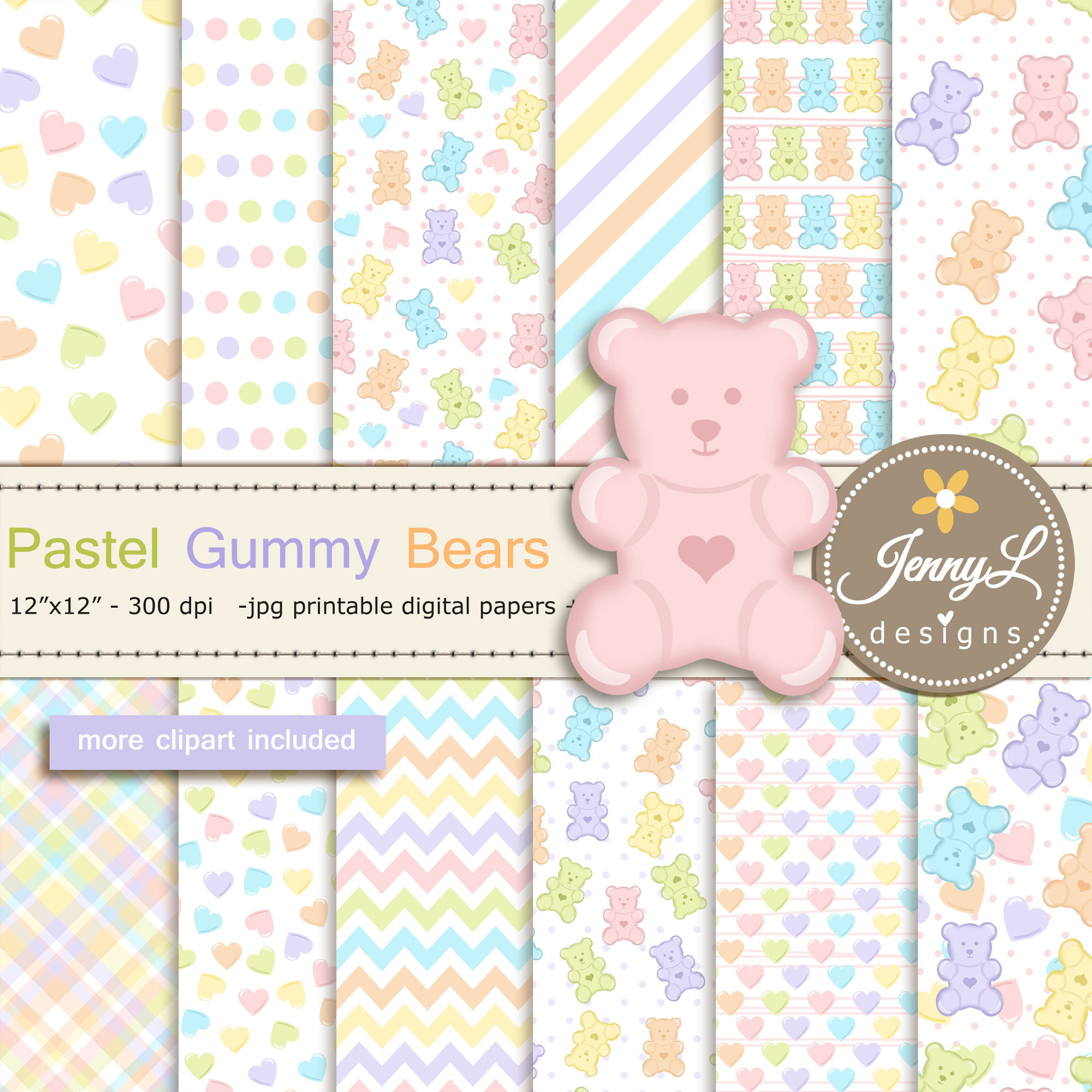 Pastel Gummy Bears Digital Papers and Clipart SET for Digital ...