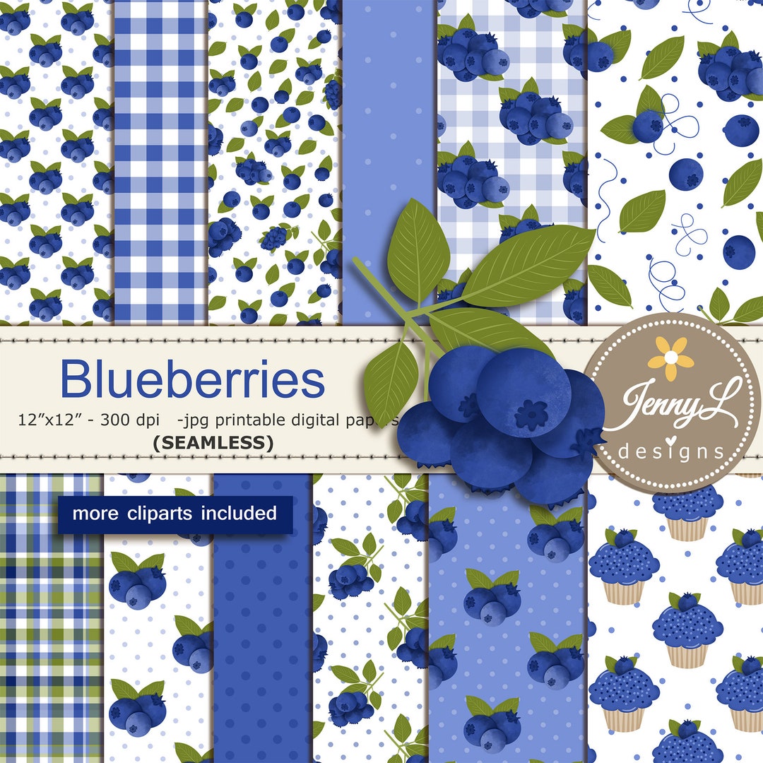 Blueberries SEAMLESS Digital Papers and Blueberry Fruit Clipart SET for ...