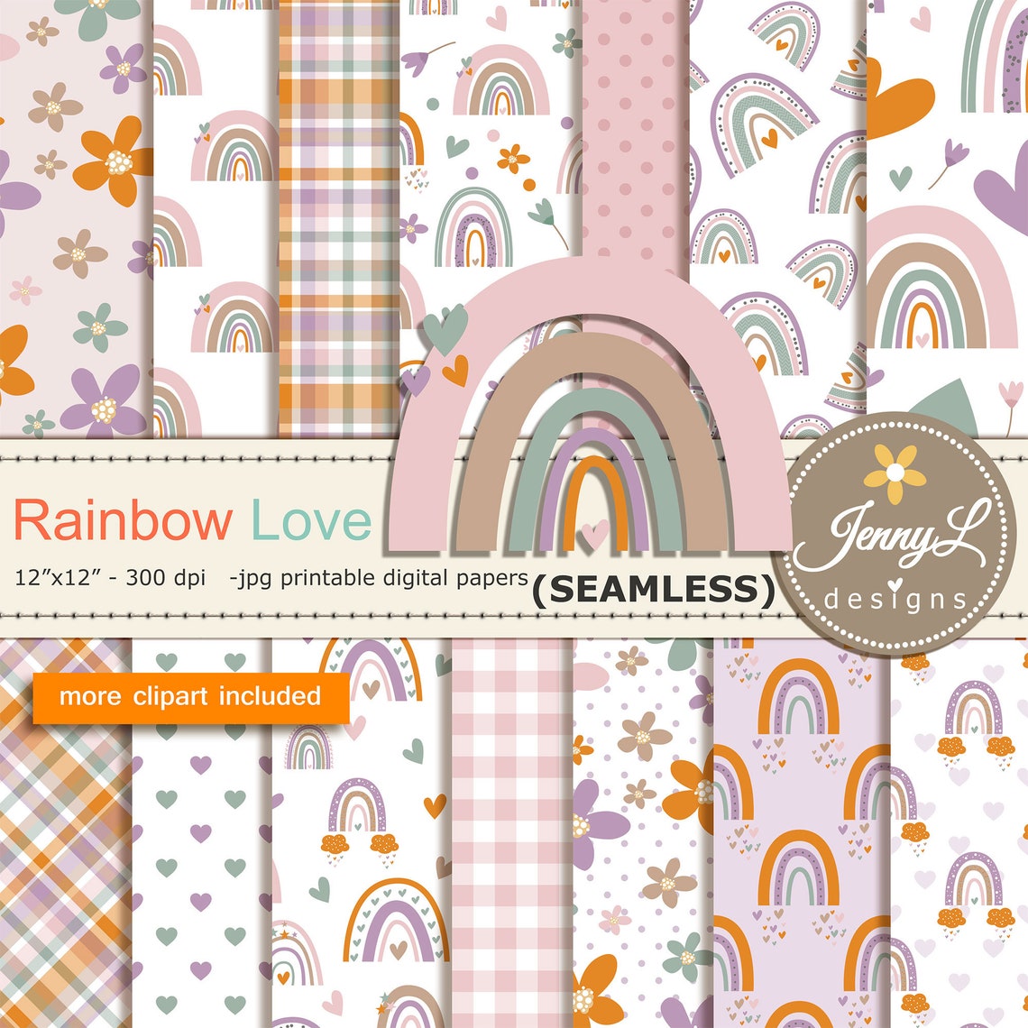 Rainbow Love SEAMLESS Digital Paper and Clouds Flower Hearts - Etsy