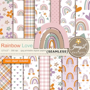 Rainbow Love SEAMLESS Digital Paper and Clouds Flower Hearts Clipart ...