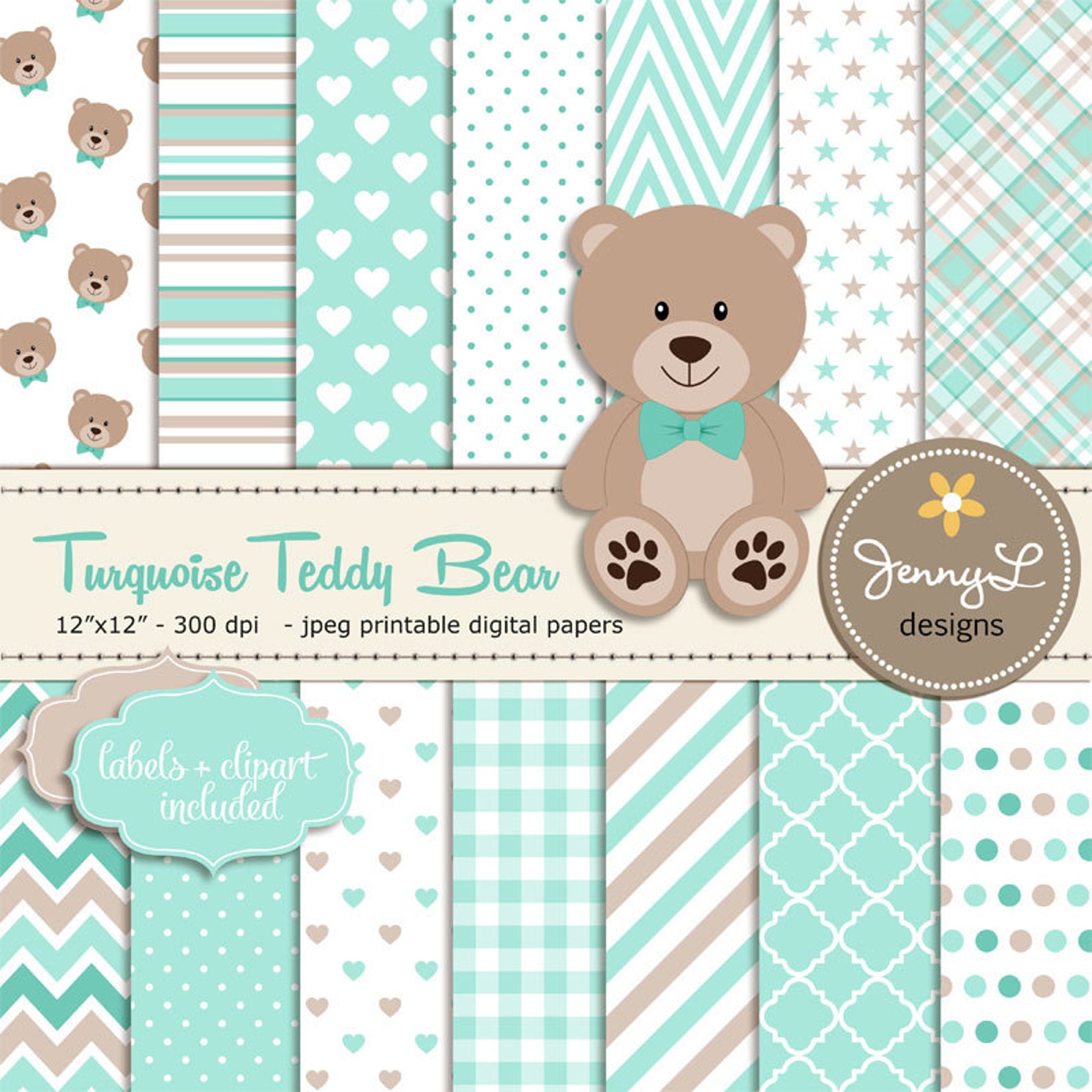 Turquoise Teddy Bear Digital Papers Teddy Bear Clipart Baby - Etsy