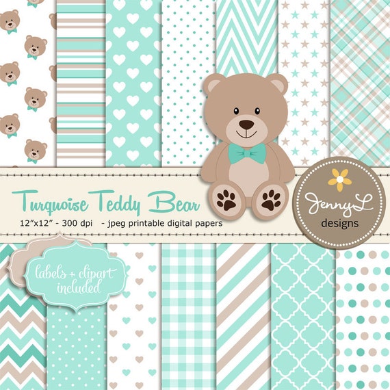 Turquoise Teddy Bear Digital papers, Teddy Bear clipart, Baby Shower ...