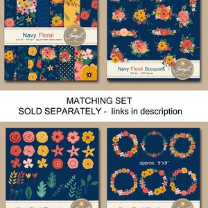 Navy Blue Floral Digital Paper, Wedding Floral Paper Digital ...