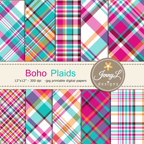 Pink and Turquiose Plaids Digital Papers Boho Tartan - Etsy