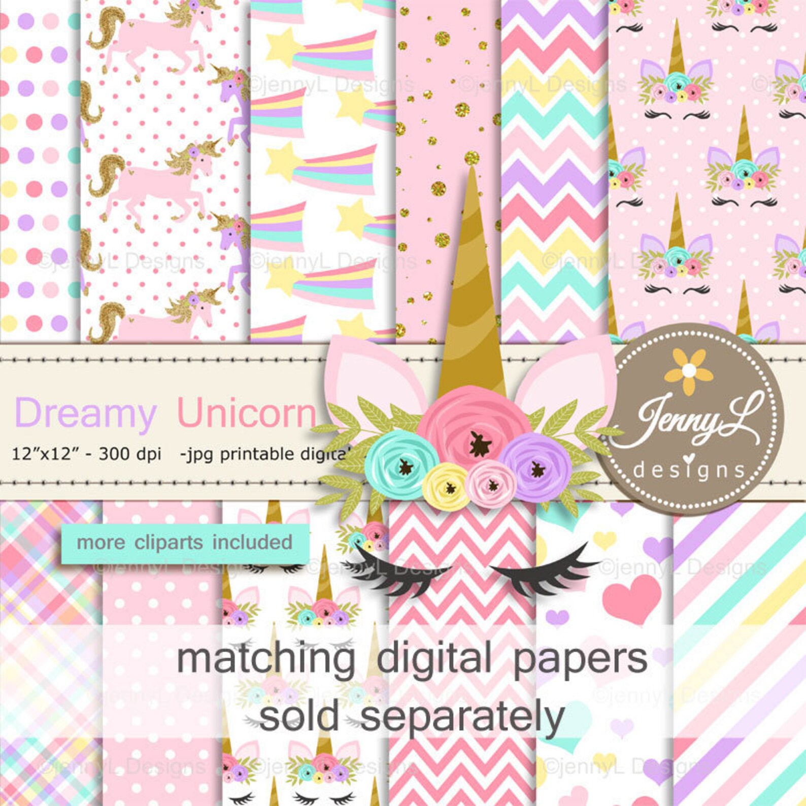 Unicorn Faces Clipart, Pastel Unicorn, Flower Unicorn, Glitter Gold ...