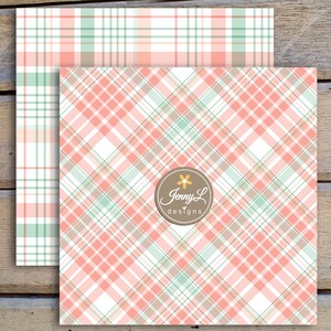 Mint Green and Coral Peach Plaids Digital Papers, Stripes, Digital ...