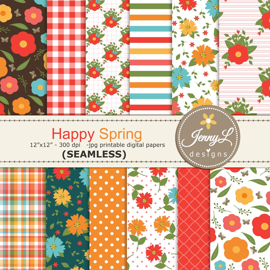 Happy Spring SEAMLESS Printable Digital Papers, Repeat Pattern , Floral ...