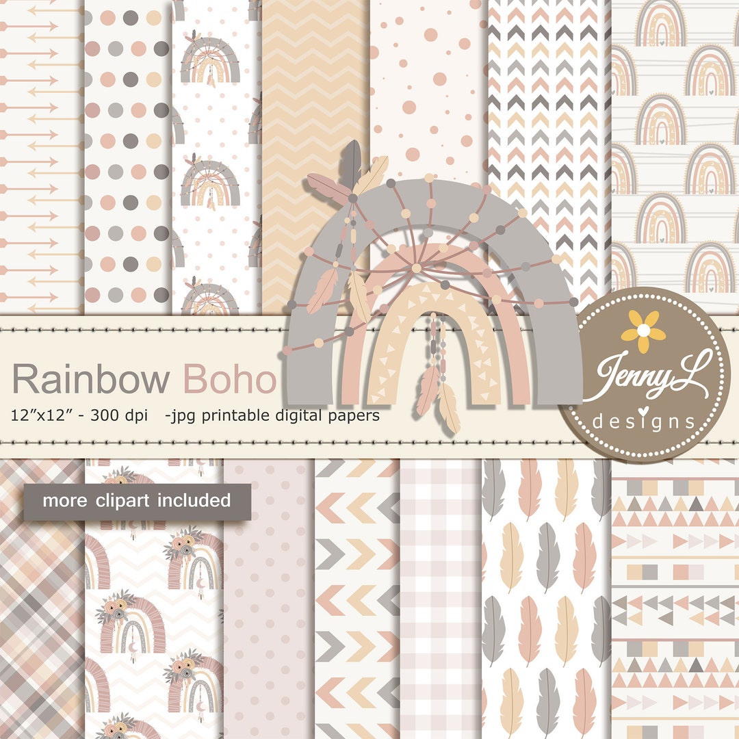 Rainbow BOHO Digital Paper and Feather Clipart, for Birthday, Valentine ...