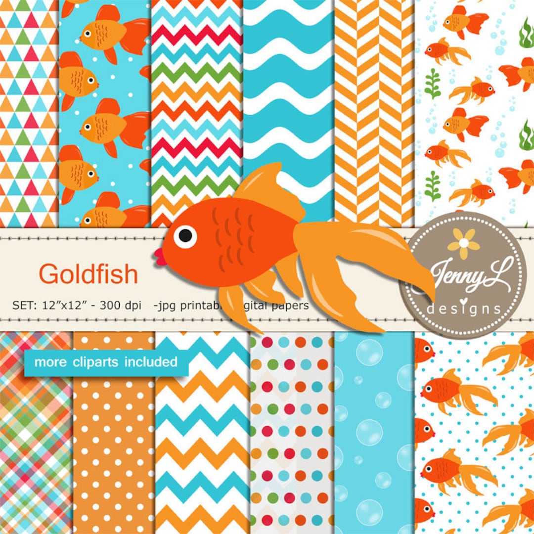 Goldfish Digital Papers and Clipart SET, Gold Fish, Animal for Birthday ...