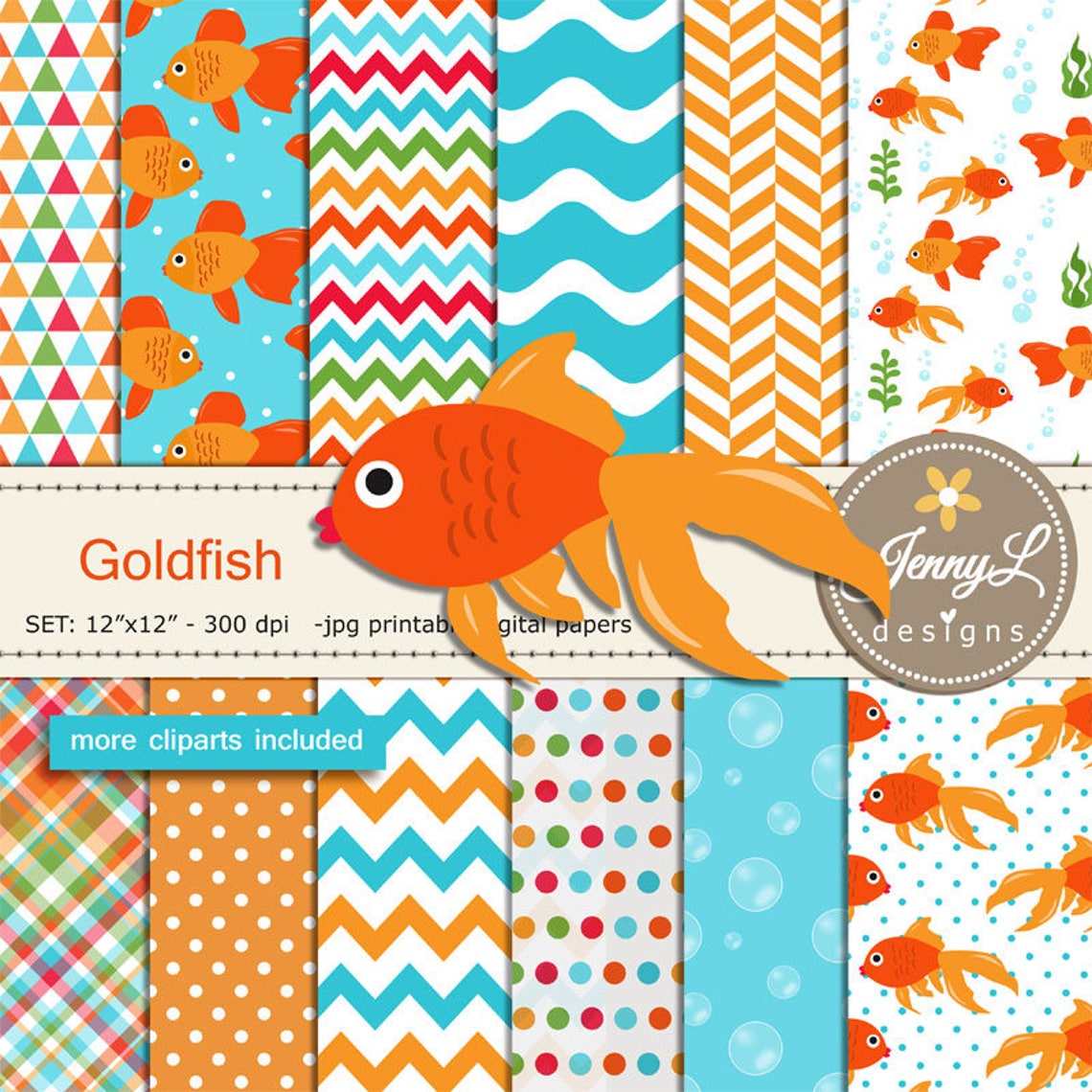 Goldfish Digital Papers and Clipart SET Gold Fish Animal for | Etsy