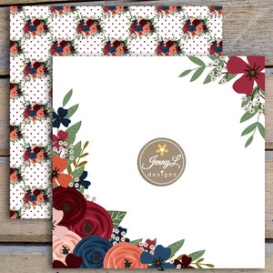 Navy Blue Burgundy Floral Digital Paper, Wedding Fall Flower Paper ...
