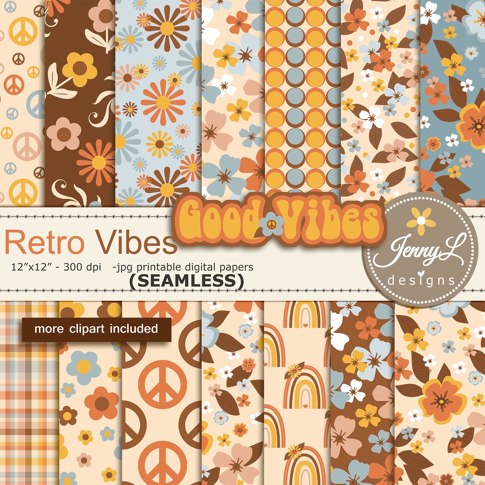 Retro Vibes SEAMLESS Digital Paper and Rainbow Clipart for - Etsy