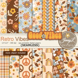 Retro Vibes SEAMLESS Digital Paper and Rainbow Clipart, for Birthday ...
