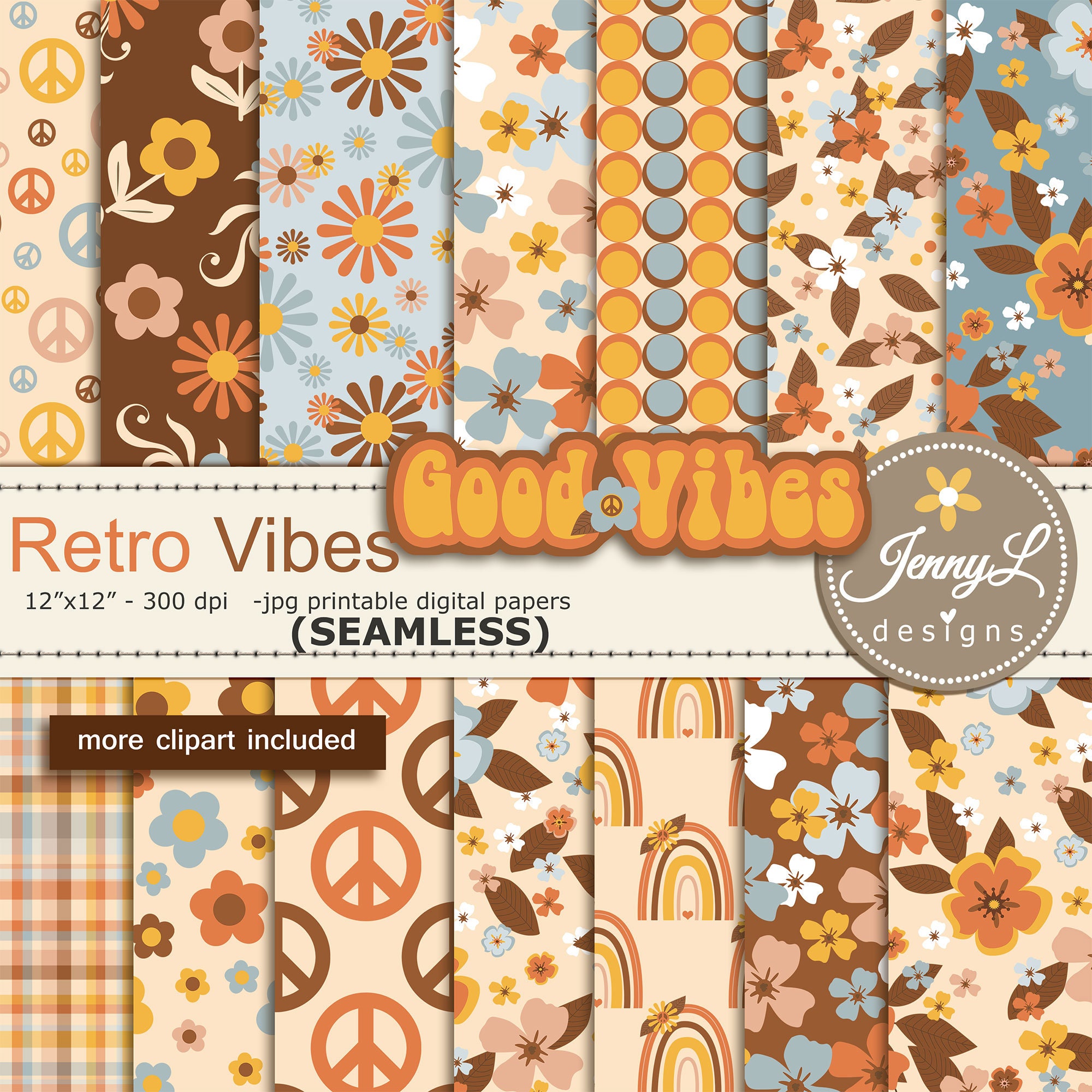 Retro Vibes SEAMLESS Digital Paper and Rainbow Clipart for - Etsy