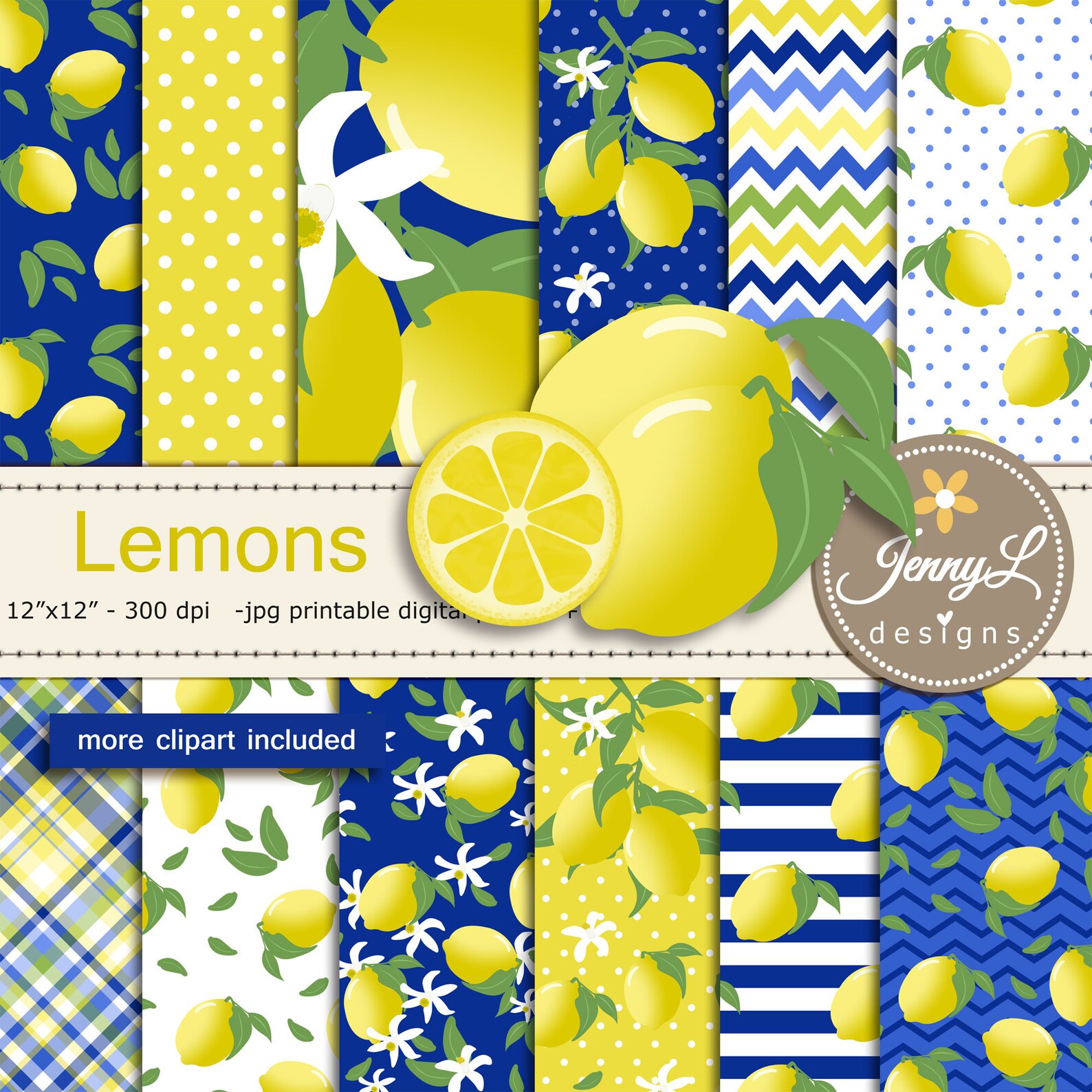 Lemons Digital Papers and Clipart SET for Digital Scrapbooking, Lemon ...