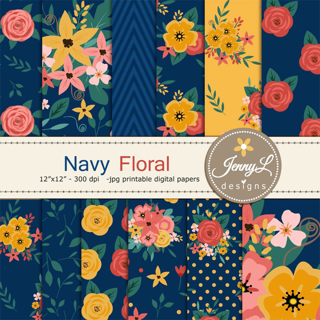 Navy Blue Floral Digital Paper, Wedding Floral Paper Digital ...