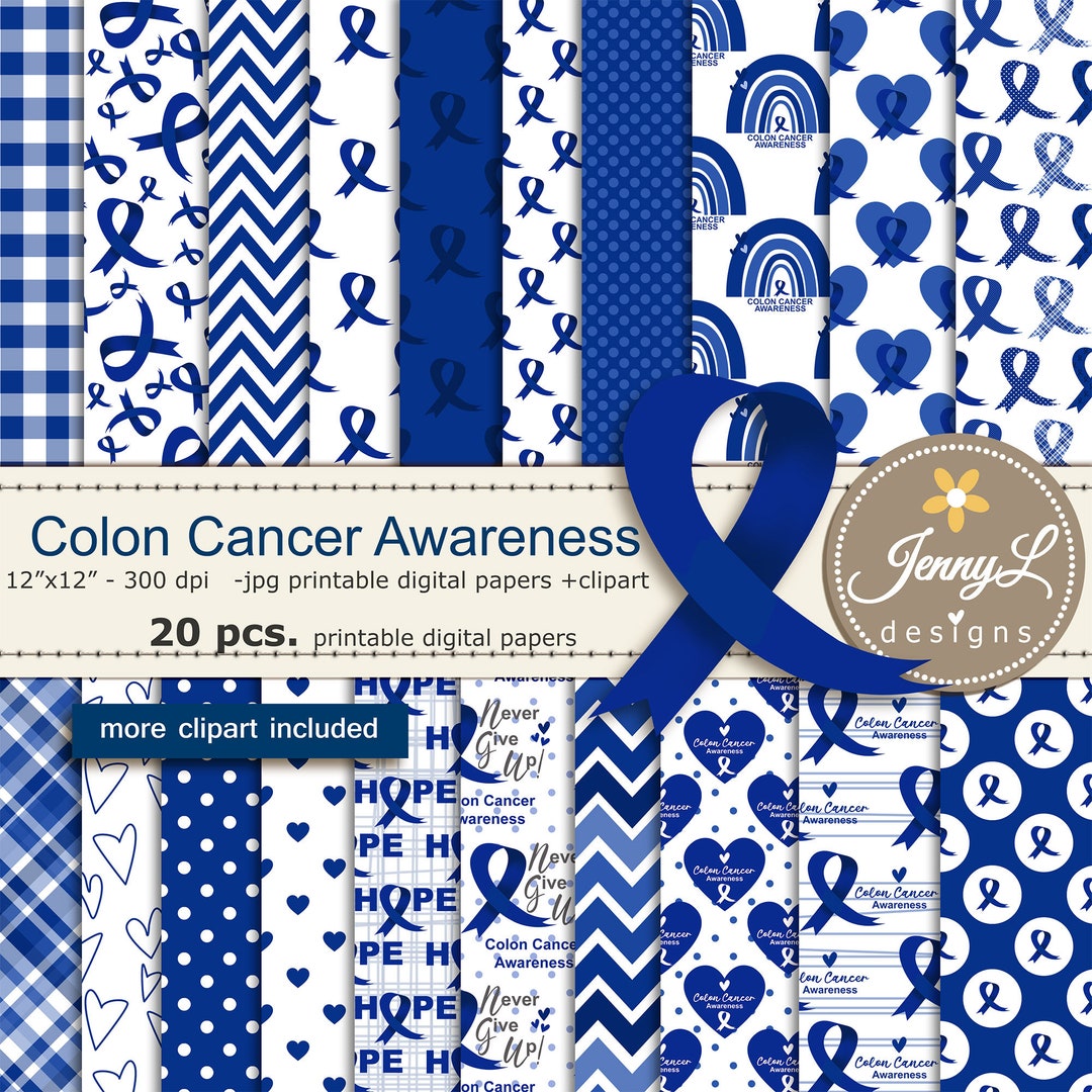 Colon / Colorectal Cancer Awareness Digital Papers, Dark Blue Ribbon ...