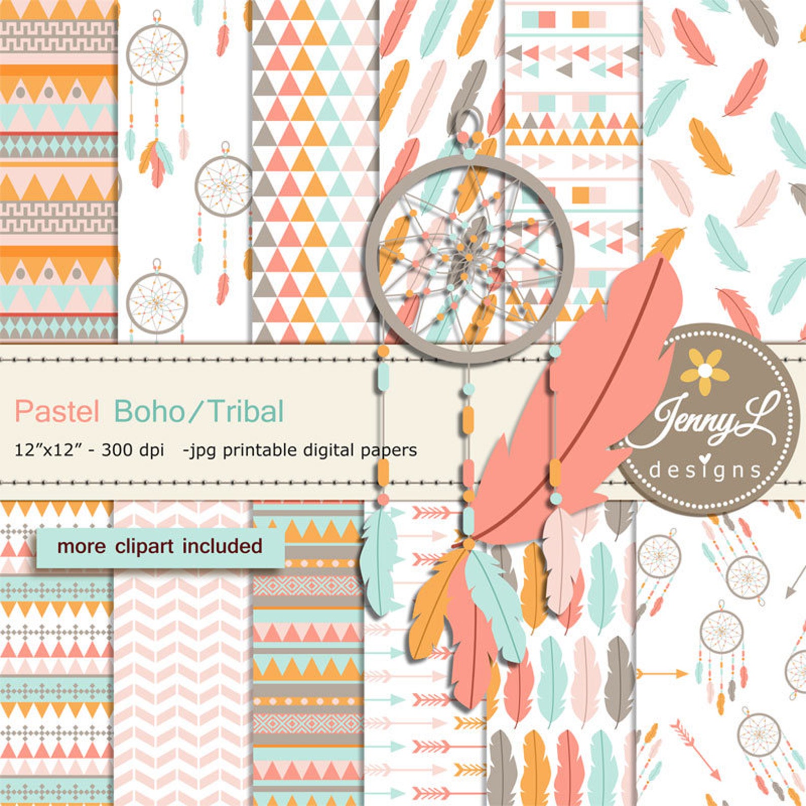 Pastel Boho Digital Papers and Feather Dream Catcher Clipart | Etsy