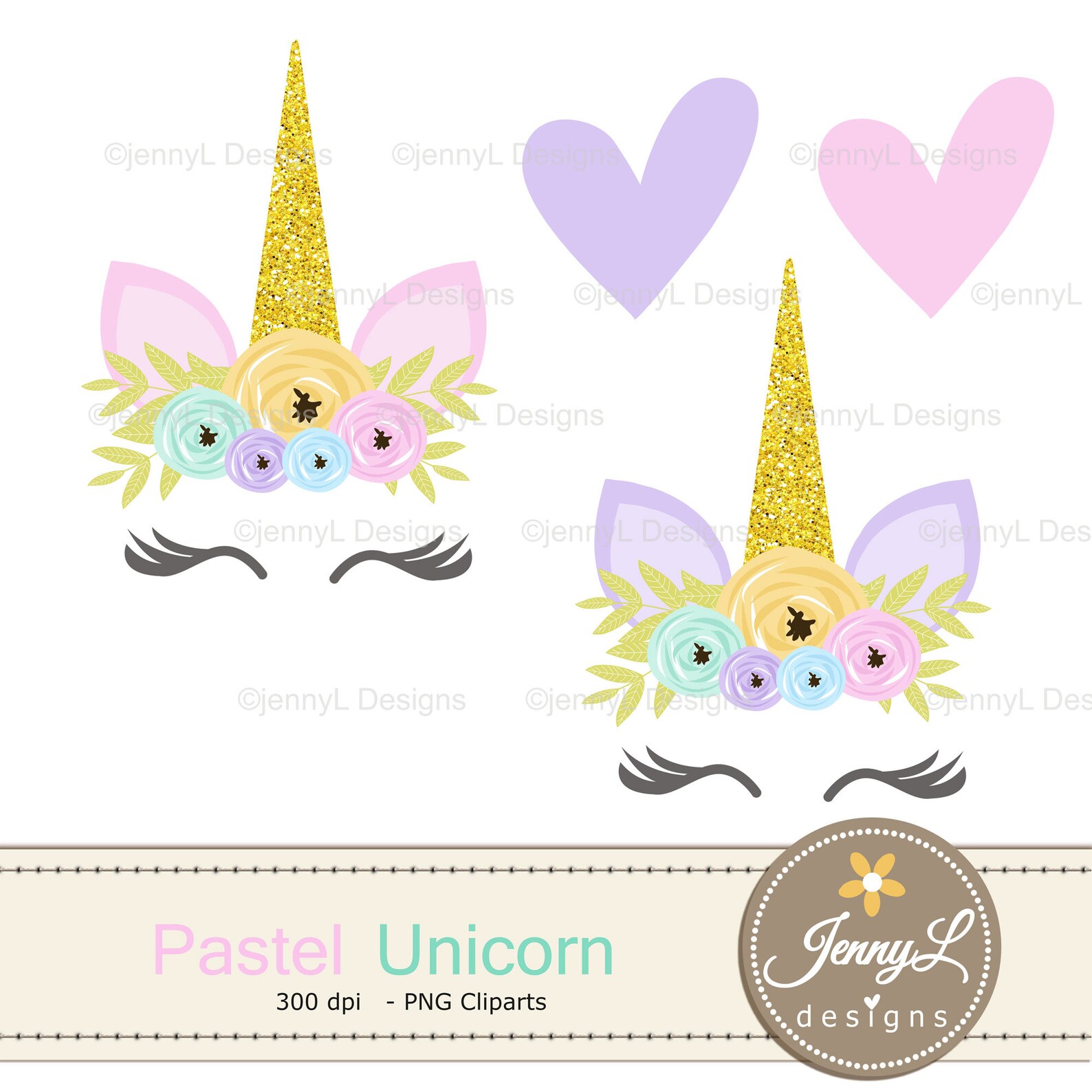 Pastel Unicorn Faces Digital Papers and Clipart SET, Pastel Hearts for ...
