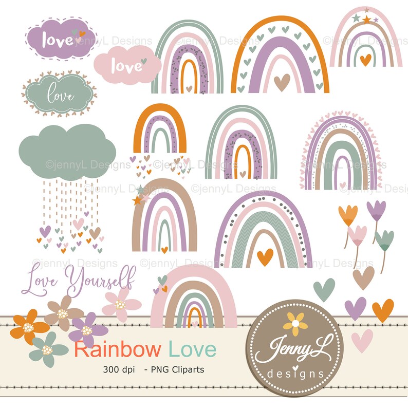 Rainbow Love SEAMLESS Digital Paper and Clouds Flower Hearts - Etsy