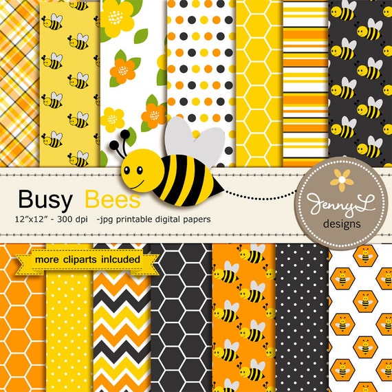 Bee Digital papers and Clipart SET, Bumble Bees, Honeycomb, Beehive ...