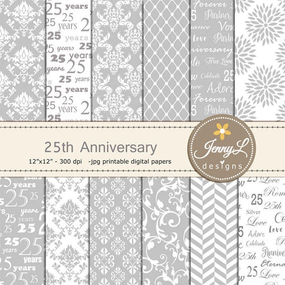 25th Anniversary Wedding Digital Papers, Romance, Gray Silver Wedding ...