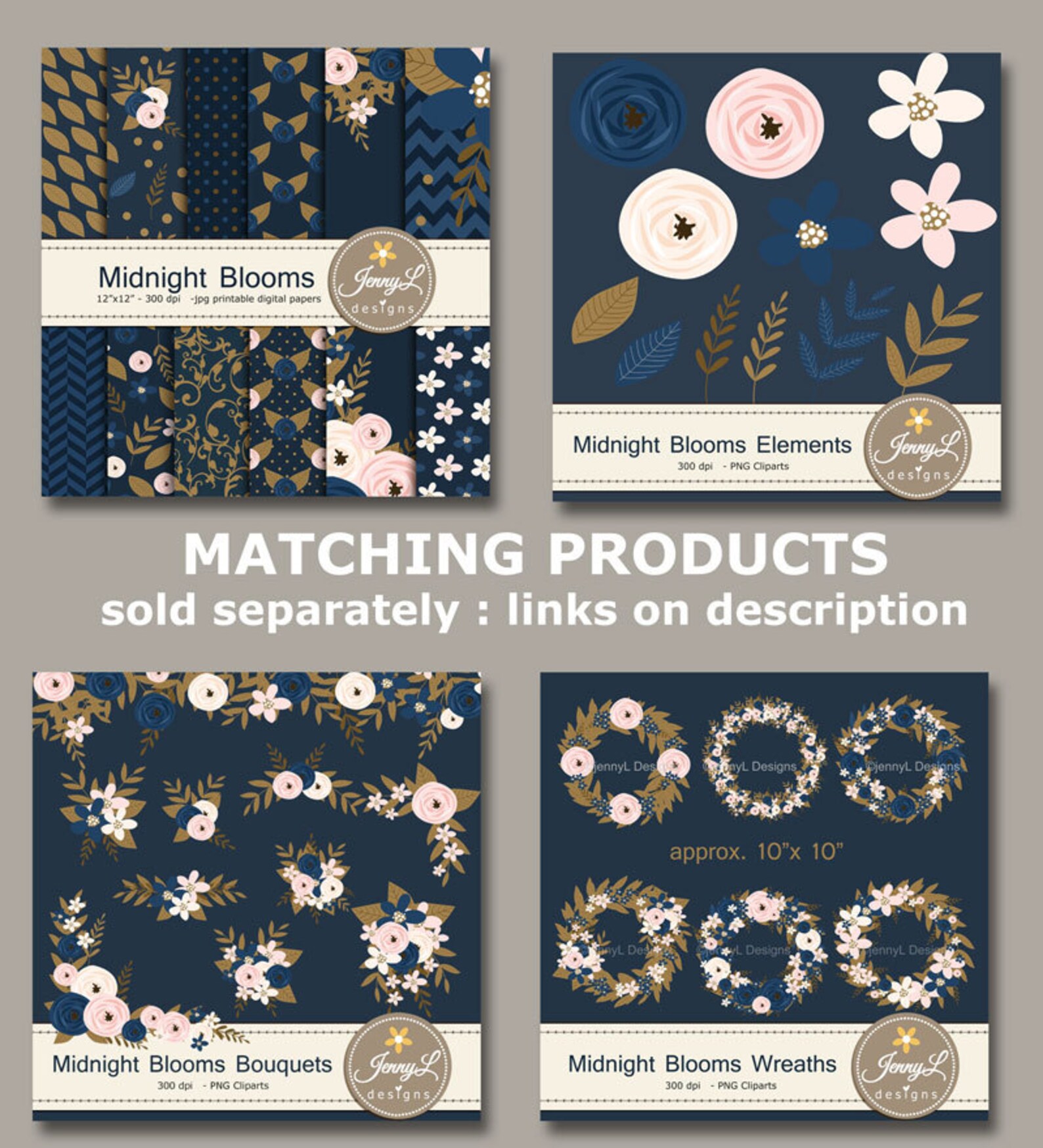Navy Blue Floral Digital Paper Blush Wedding Flower Paper - Etsy