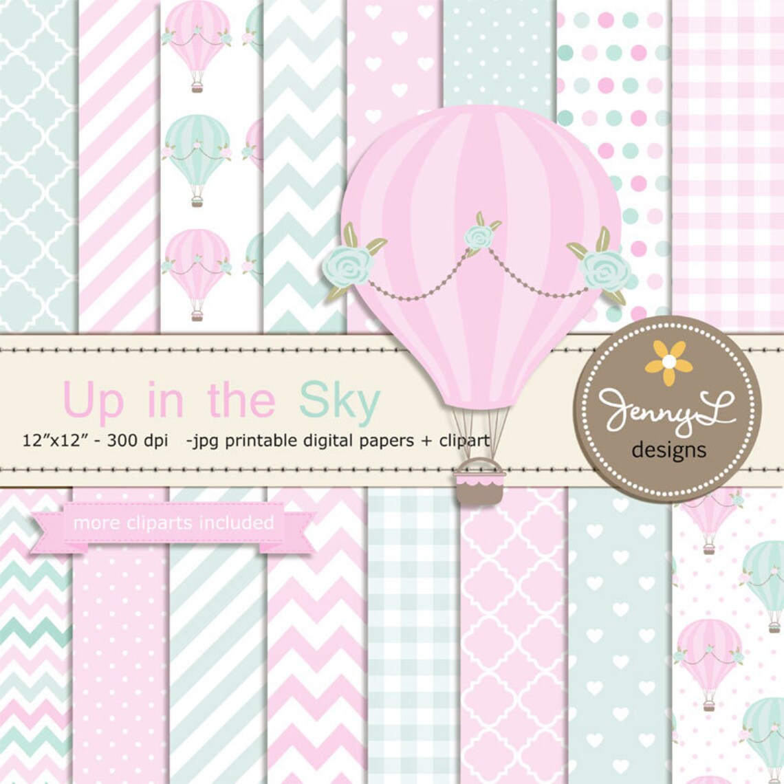Pastel Hot Air Balloons Digital Papers and Clipart Pink and | Etsy