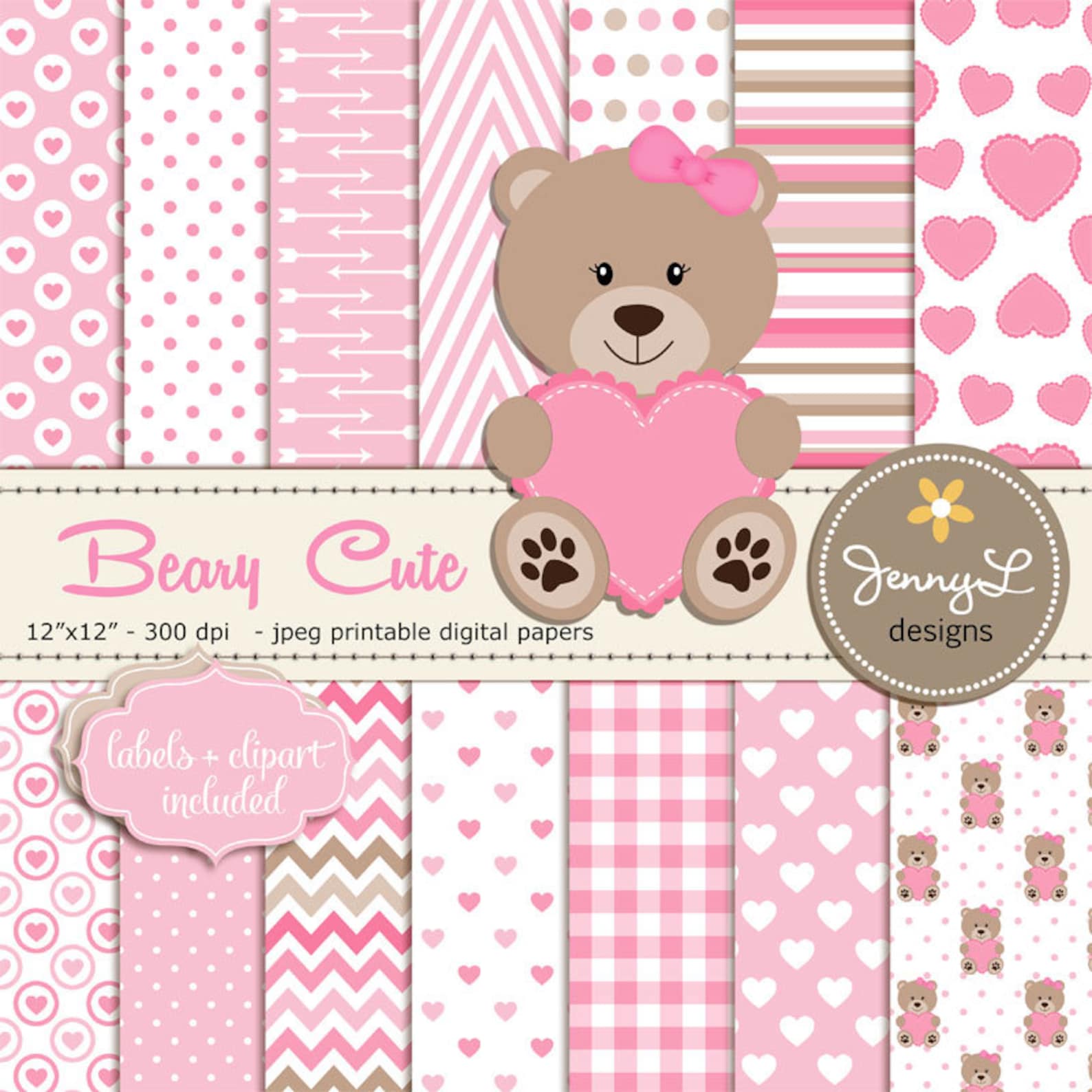 Teddy Bear Digital Papers Bear Clipart Valentine | Etsy
