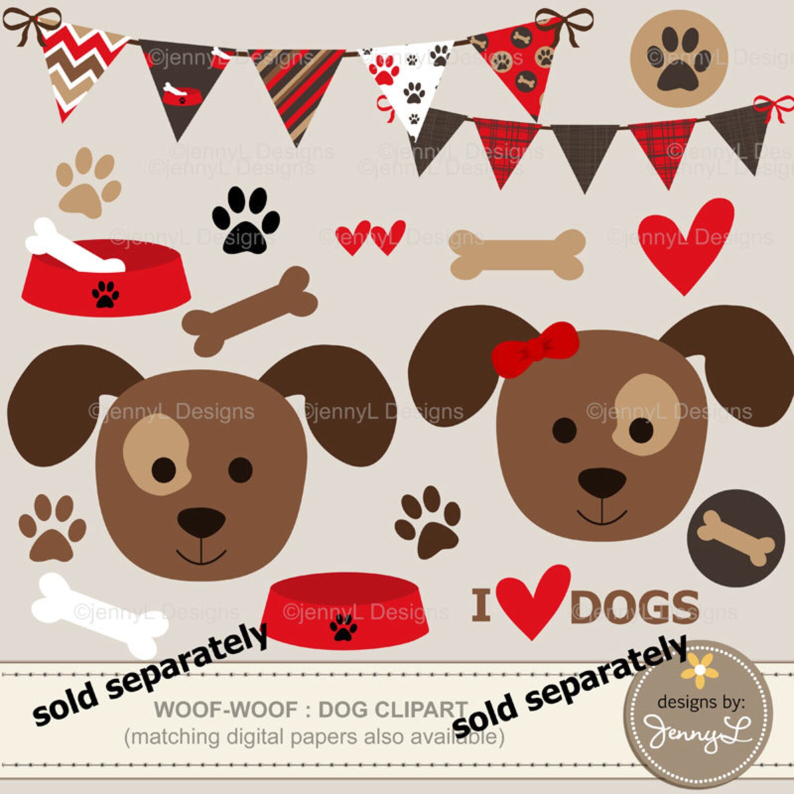 Dog Digital Papers Pet Red and Brown Puppy Dog Theme Paws - Etsy