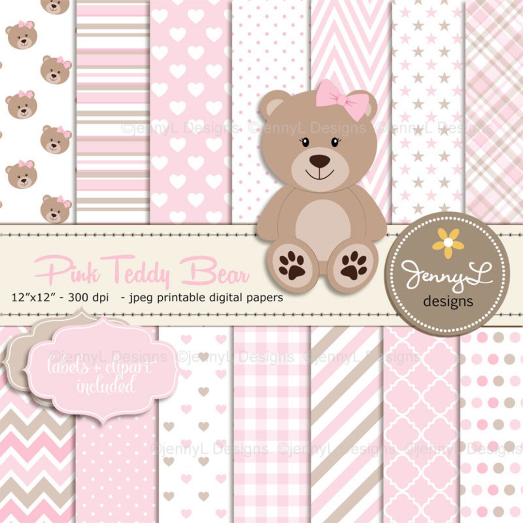 Pink Teddy Bear Digital Papers, Teddy Bear Clipart, Girl Baby Shower ...