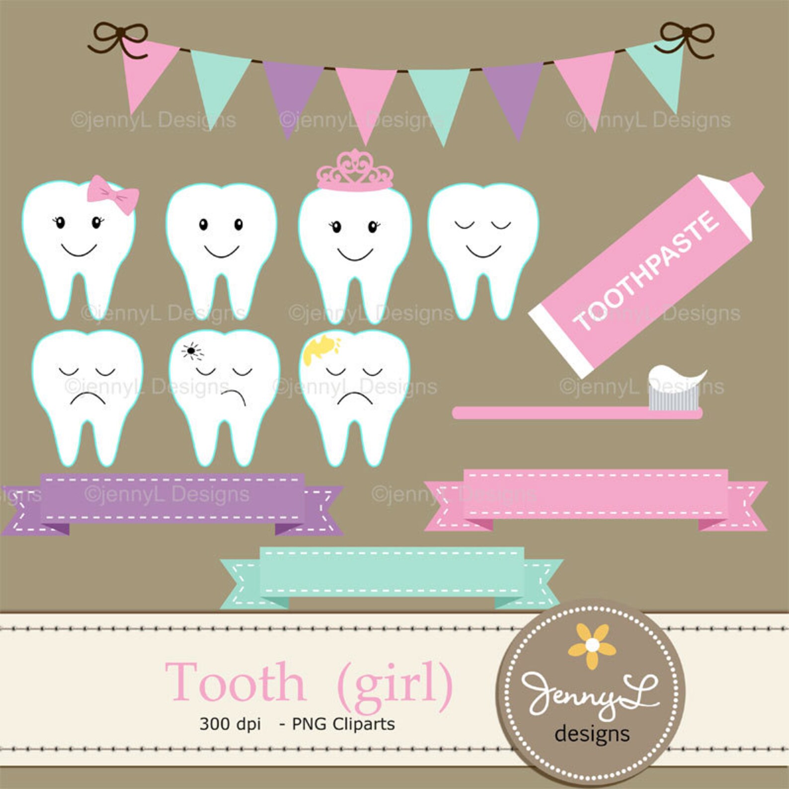 Tooth Girl Digital Paper and Clipart SET, Dental Care, Teeth ...