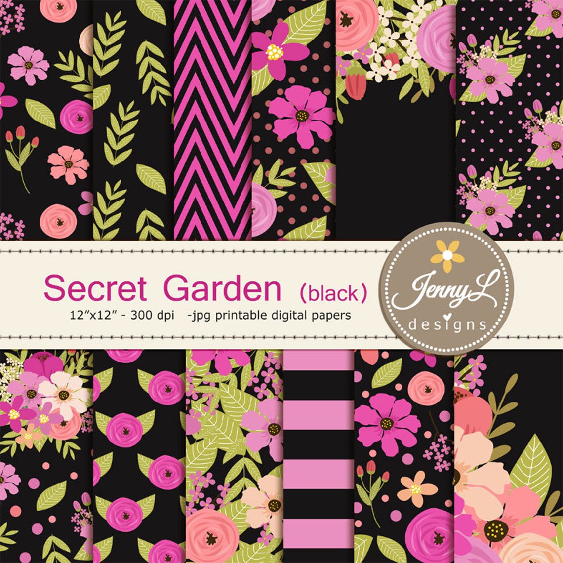 Black Floral Digital Paper Pink Wedding Flower Paper Digital | Etsy