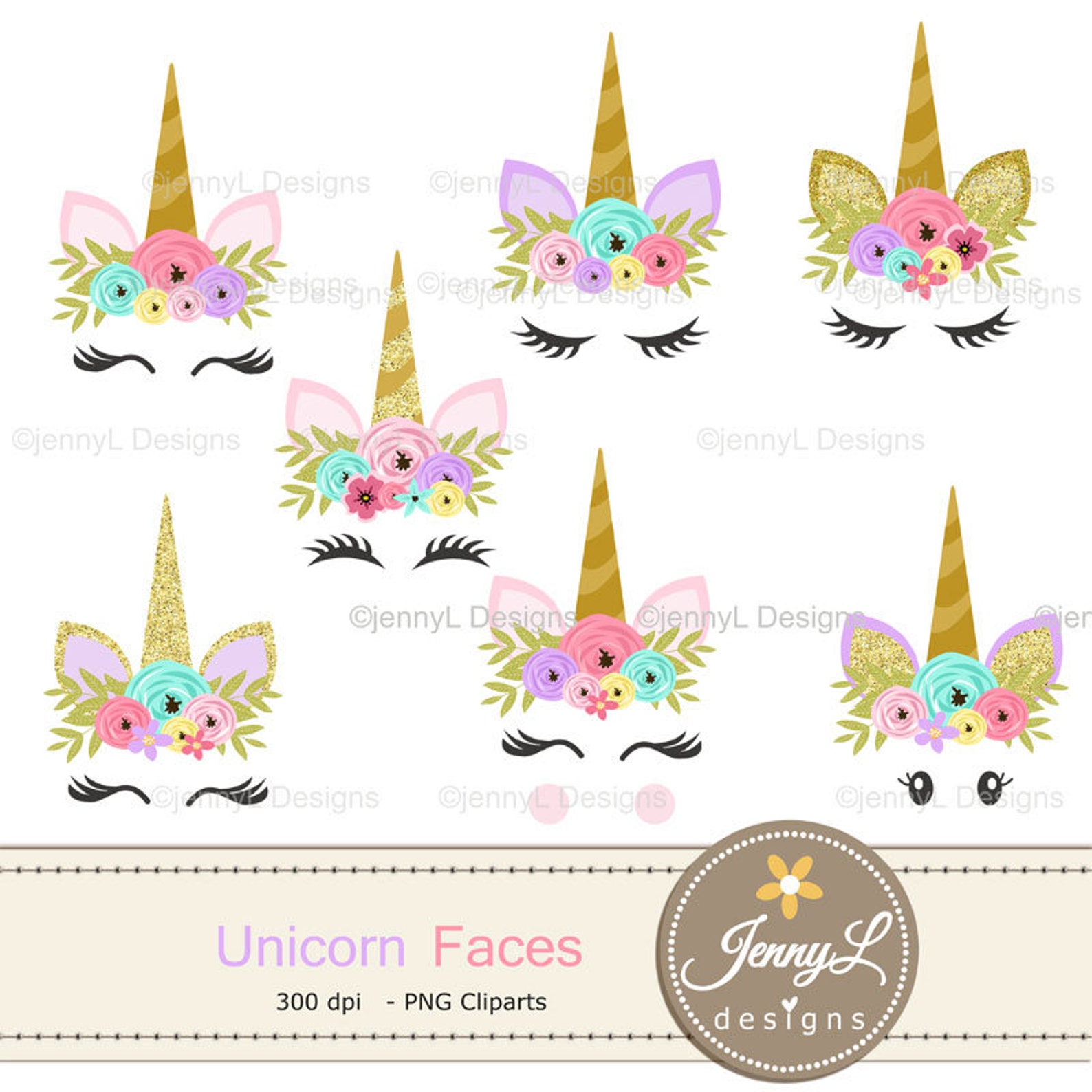 Unicorn Faces Clipart, Pastel Unicorn, Flower Unicorn, Glitter Gold ...