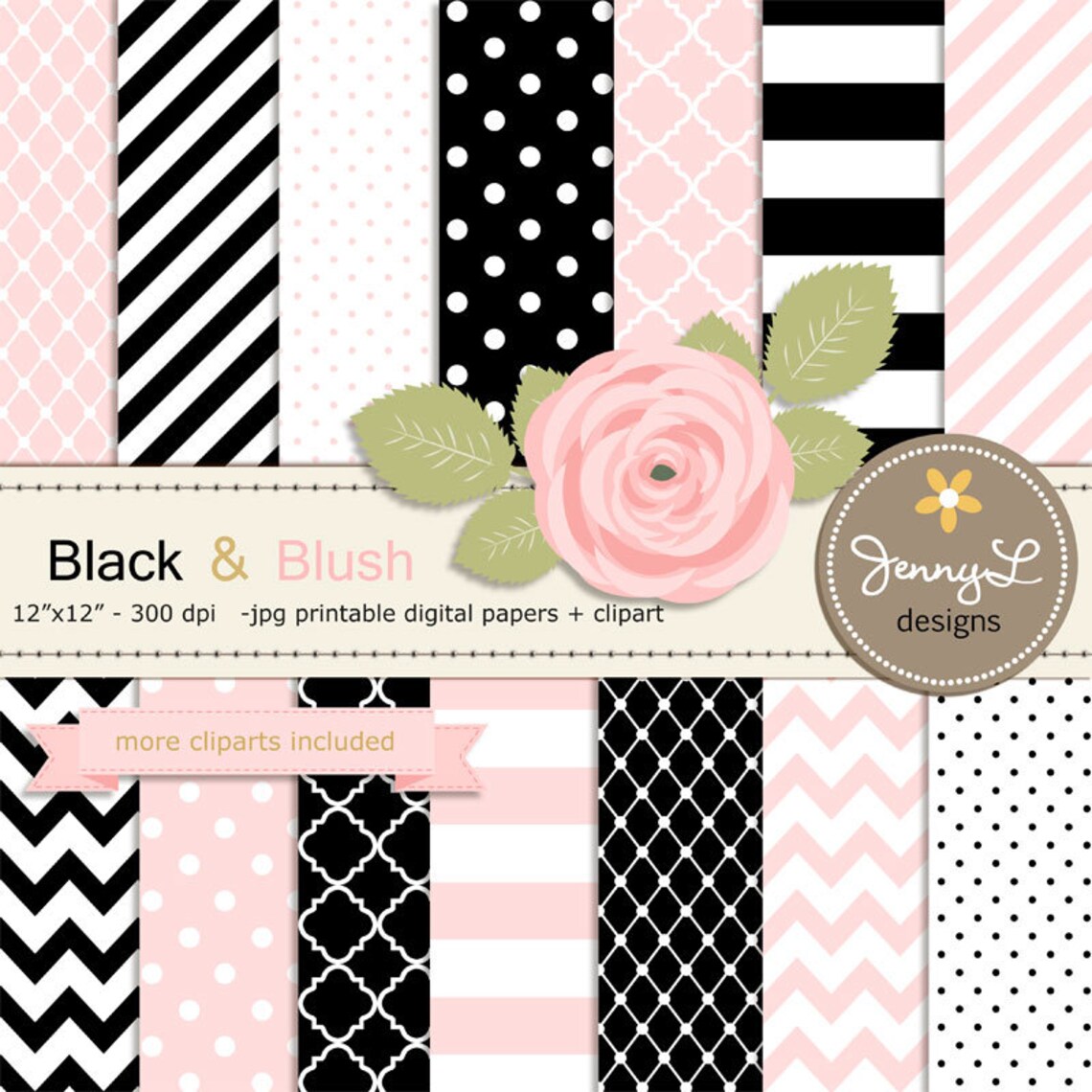 Black and Blush Pink Digital Paper Blush Rose Flower Clipart - Etsy