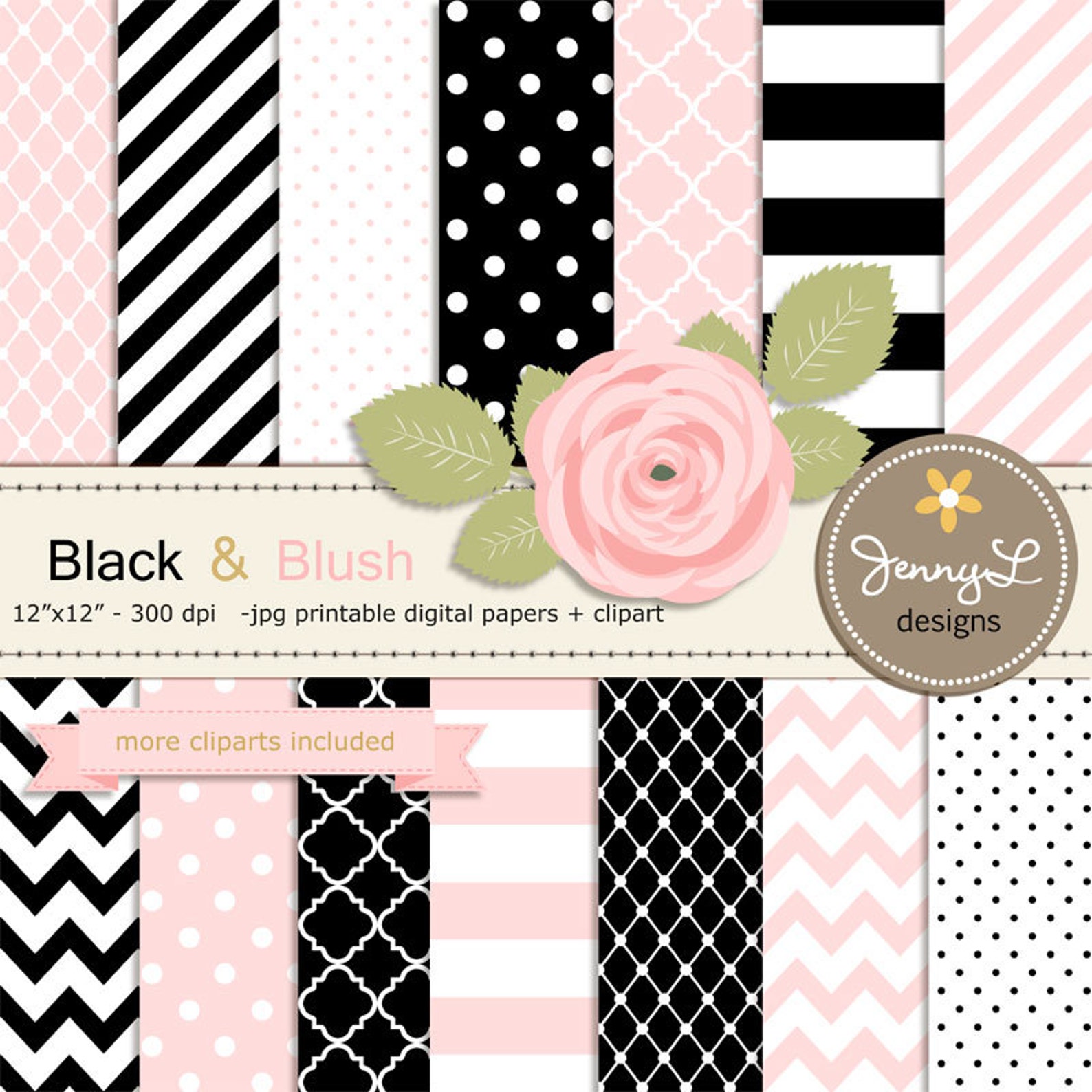 Black and Blush Pink Digital Paper Blush Rose Flower Clipart - Etsy