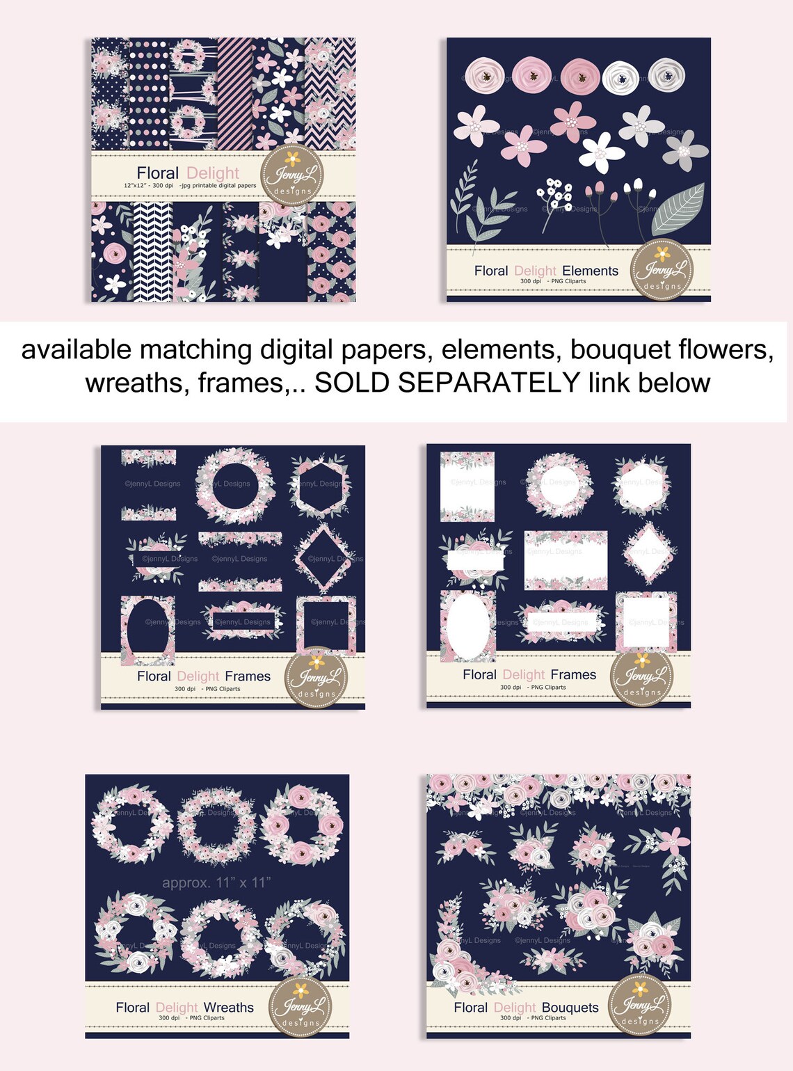 Navy Blue Floral Digital Paper Pastel Pink Wedding Flower | Etsy