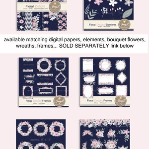 Navy Blue Floral Digital Paper, Pastel Pink Wedding Flower Paper ...